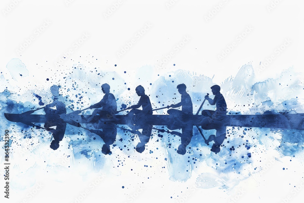 Artistic blue watercolor depiction of a rowing team in action at the ...