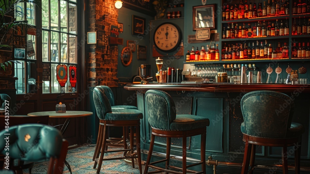 Inside a Bar late at night, with round dispensing counter, green chair ...