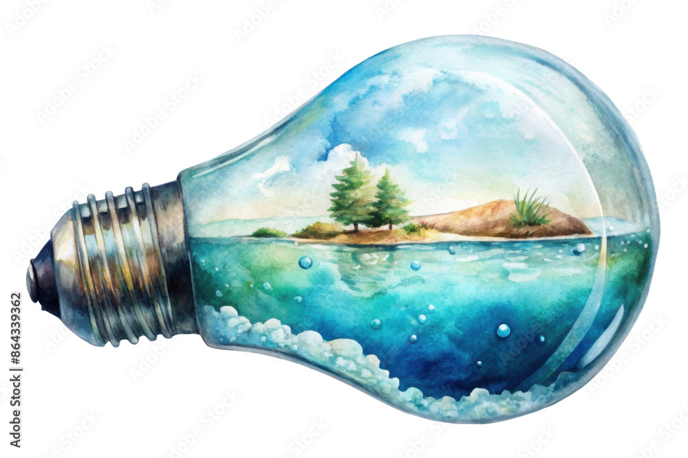 Watercolor Island In Light Bulb featuring a miniature island scene ...