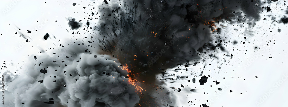 Black smoke explosion on white background, 3d rendering illustration of ...