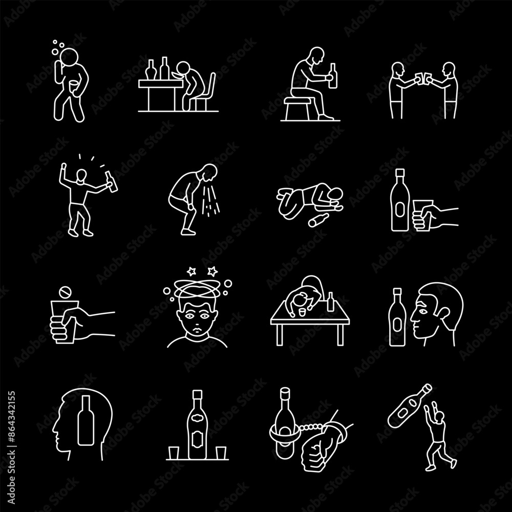 Alcoholism, white line icons. Icons depicting drunkenness, hangovers ...