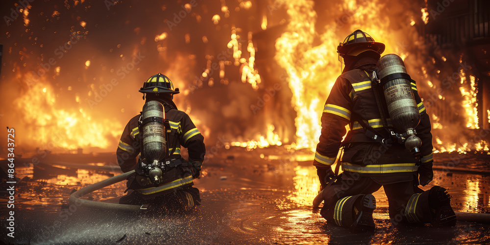 Rear view. Firefighters, two firemen in full gear, wearing black ...