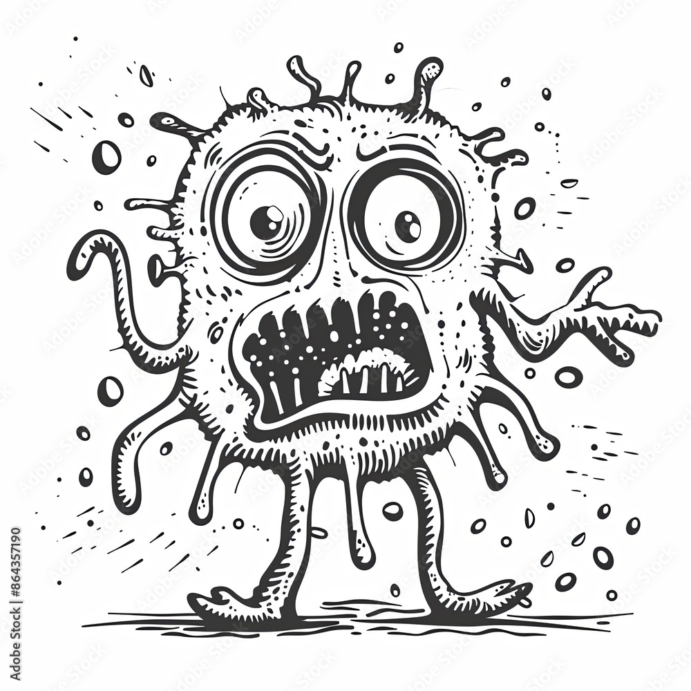 A black and white drawing of an intimidating looking virus or bacteria ...