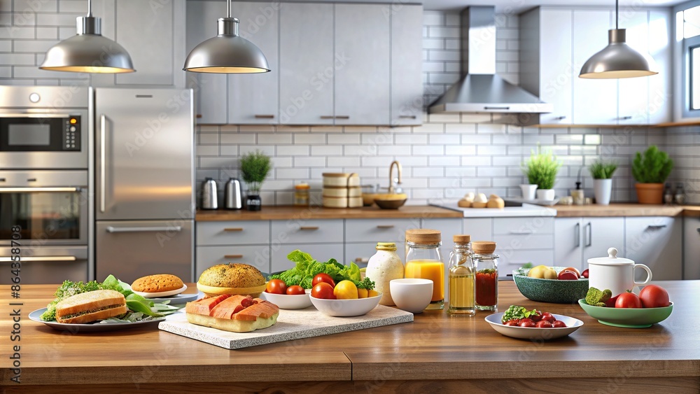 Realistic rendering of delicious food items on a kitchen counter , food ...