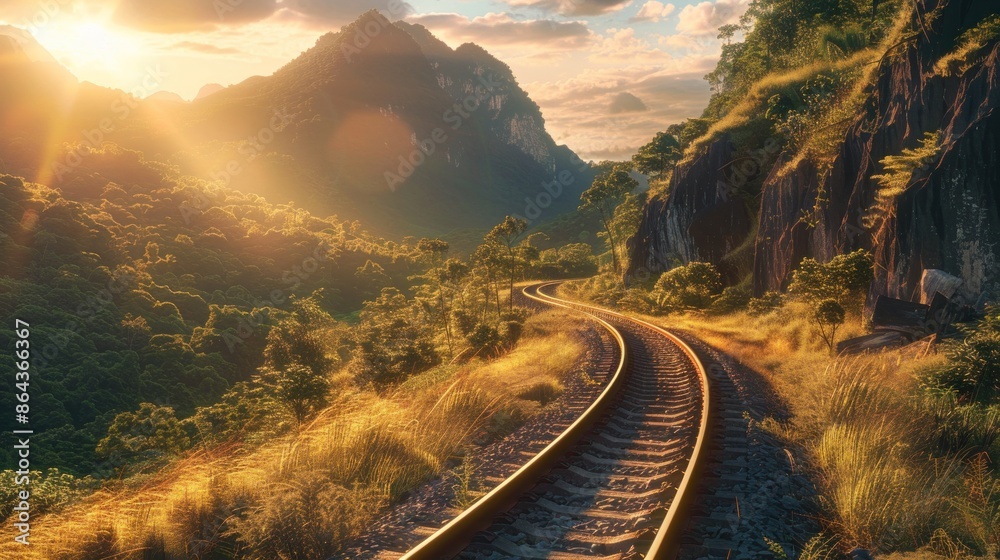 gold railway track winding through a picturesque mountain landscape ...