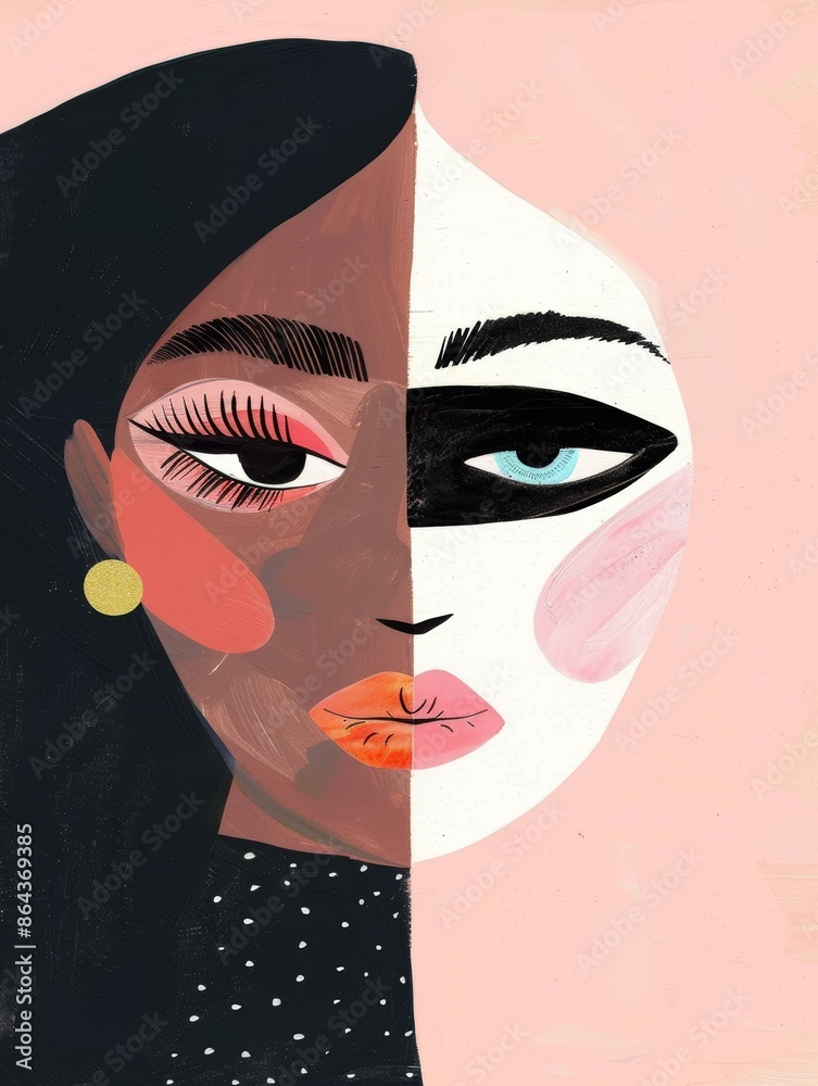 A digital illustration of a womans face split in half, with one side ...