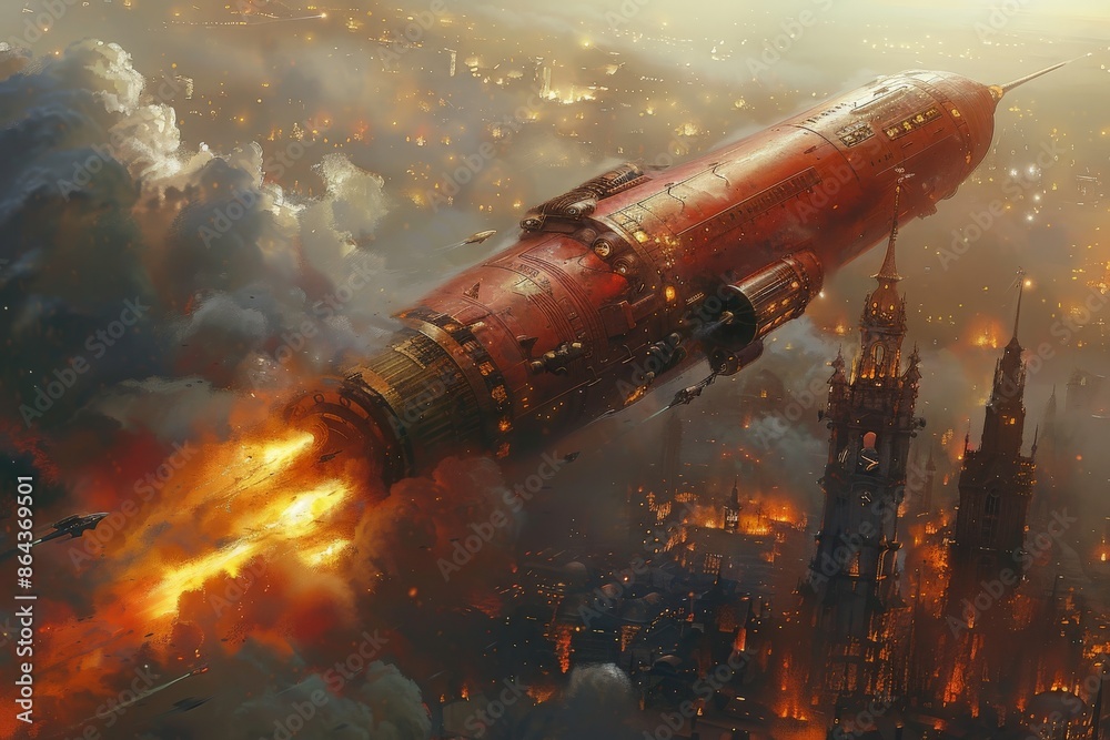 A colossal red spaceship flies over a burning city, leaving a trail of ...