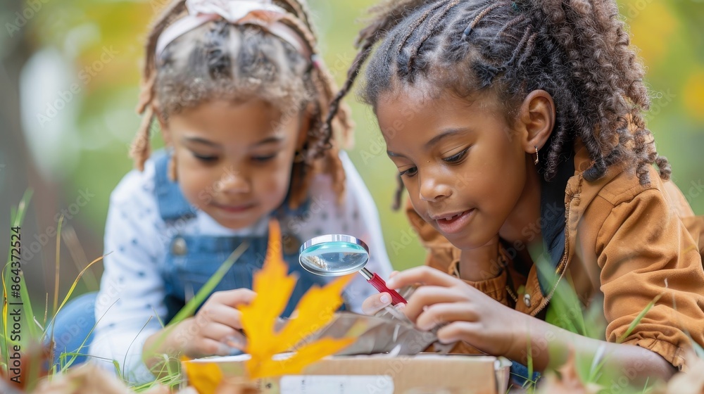Two children are seen closely investigating natural objects with a ...