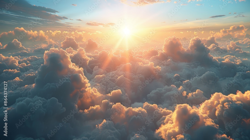 A conceptual 3D illustration of clouds parting to reveal a bright sun ...