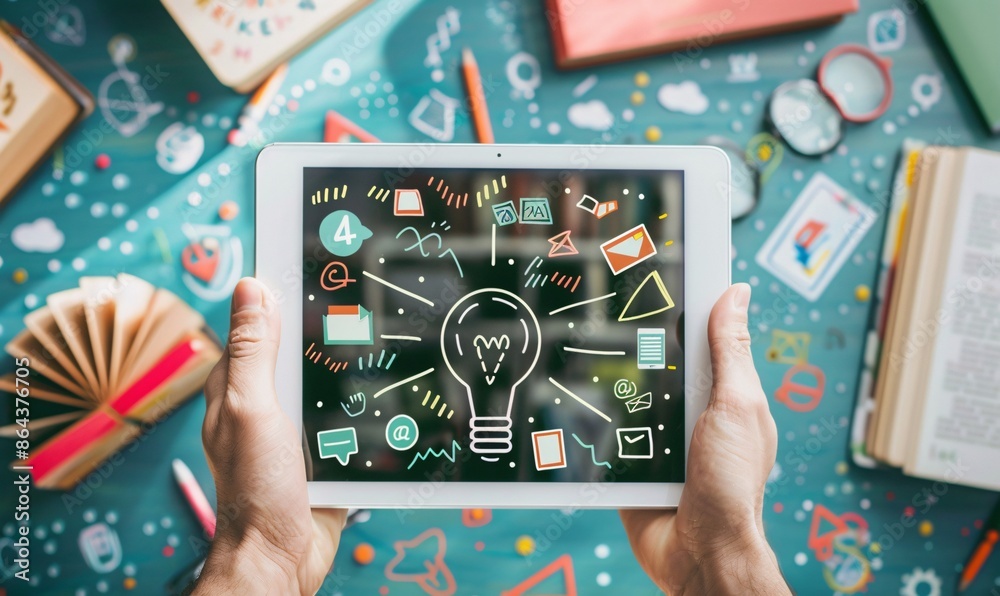 Knowledge at your fingertips hands holding a tablet with educational ...