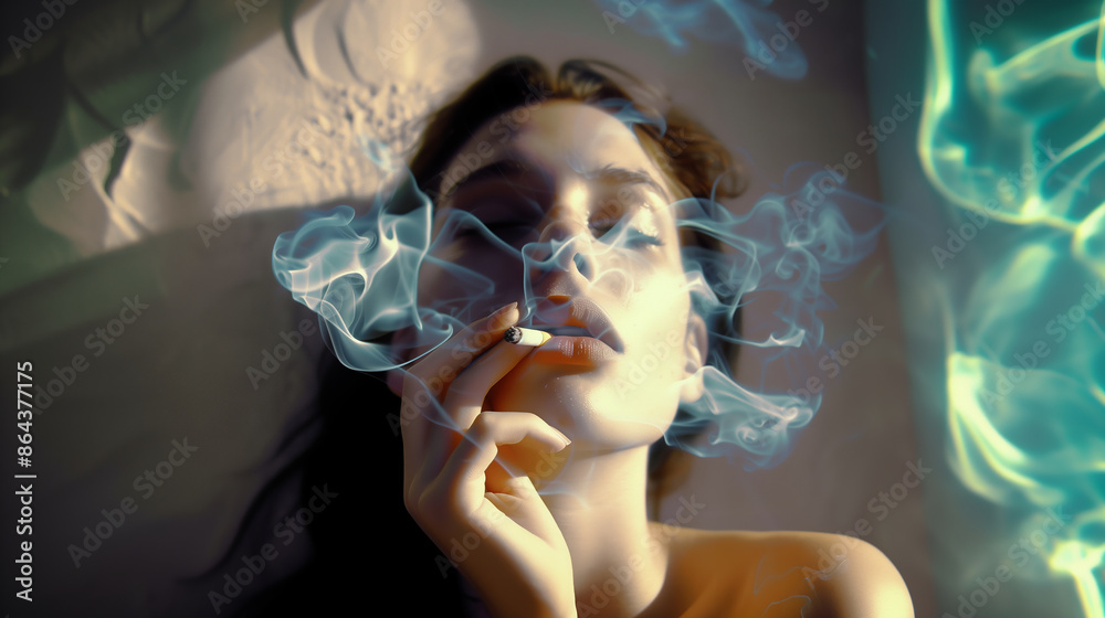 cinematic close-up of a young woman smoking a cigarette, lying down ...