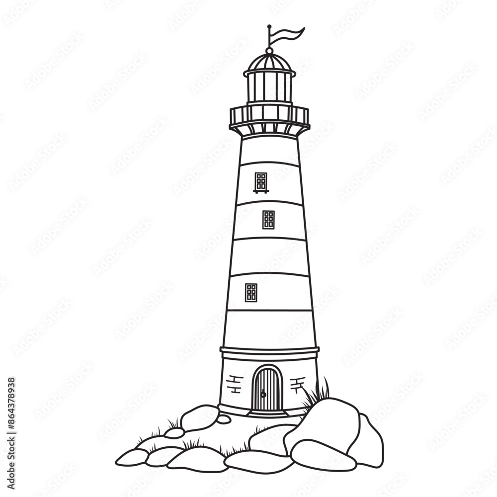 Vector Lighthouse on a rock. Linear Illustration of Beacon. Outline ...