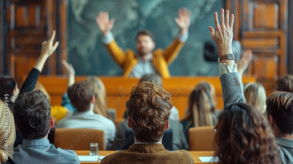 Students actively participate in a class discussion, raising their ...