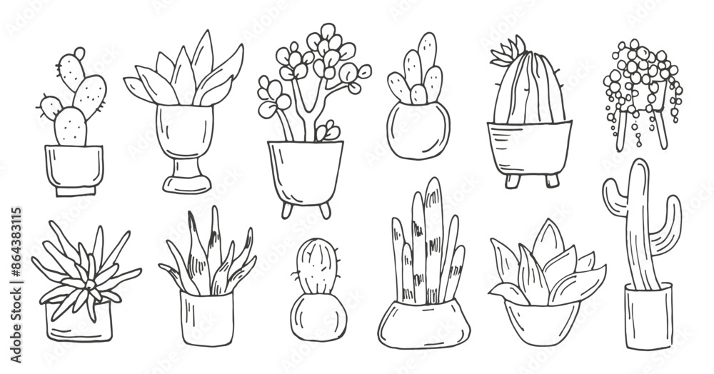 Set of cute hand drawn doodle succulents and cactus. Houseplant in a ...
