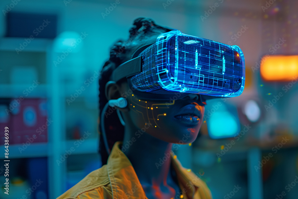 Black female school student with VR headset using AI artificial ...