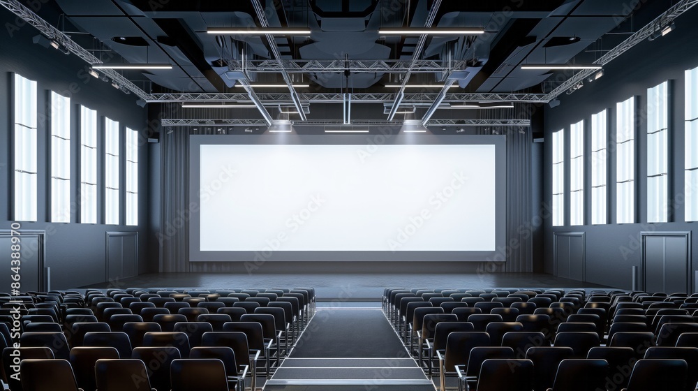 Conference stage with huge screen for presentation, large hall with ...