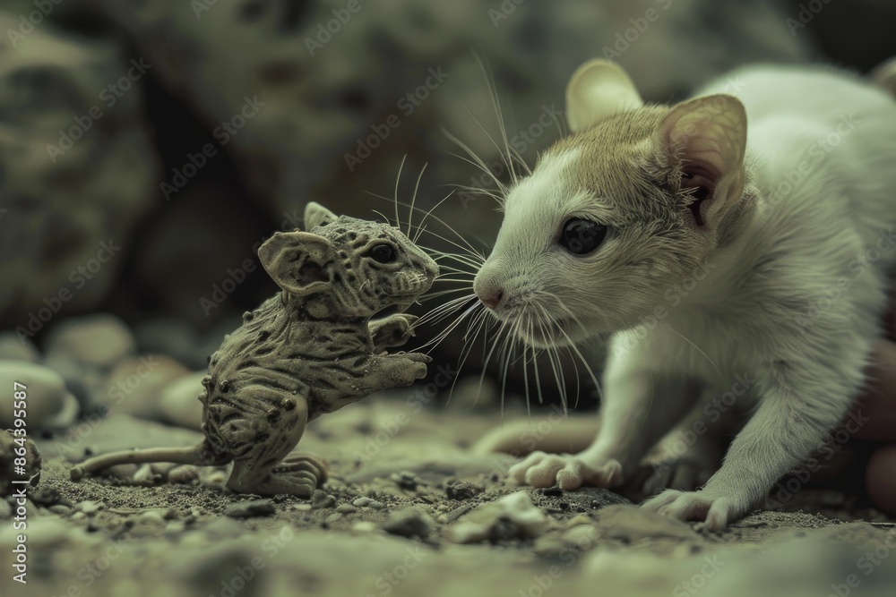 A white mouse with black eyes stares curiously at a small stone ...