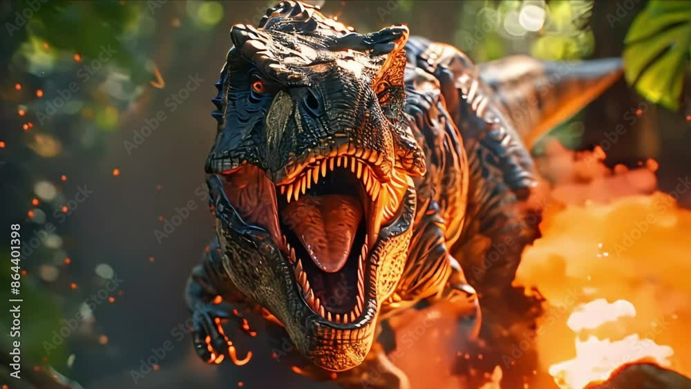 T-Rex, with its mouth fully open, running towards the viewer, emerging ...