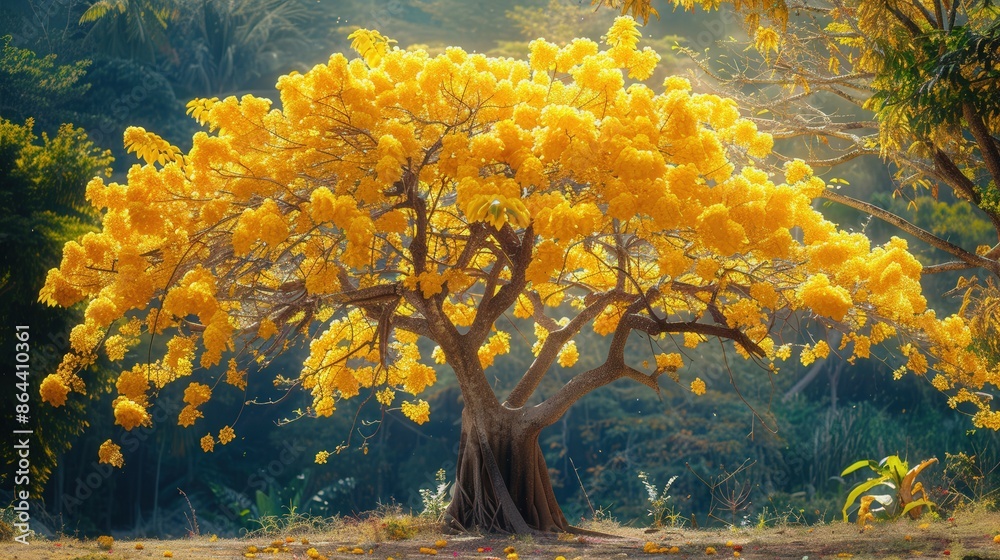 Elegant scene of a golden shower tree (Ratchaphruek) in full bloom, with cascading yellow ...