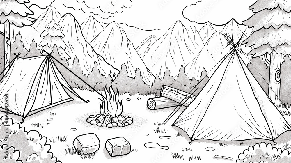 Camping Trip - A campsite with tents, a campfire, and marshmallows on ...
