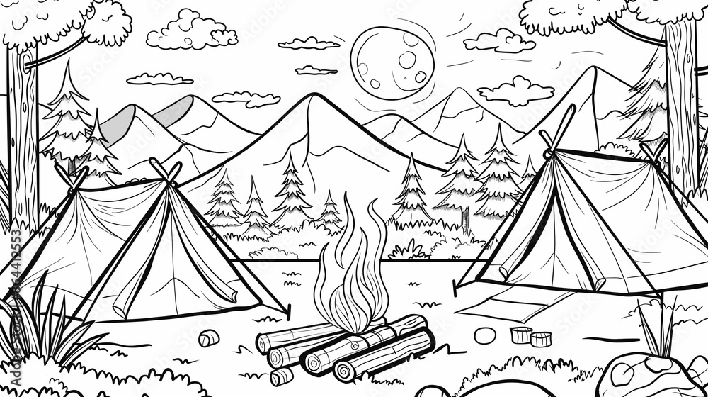 Camping Trip - A campsite with tents, a campfire, and marshmallows on ...