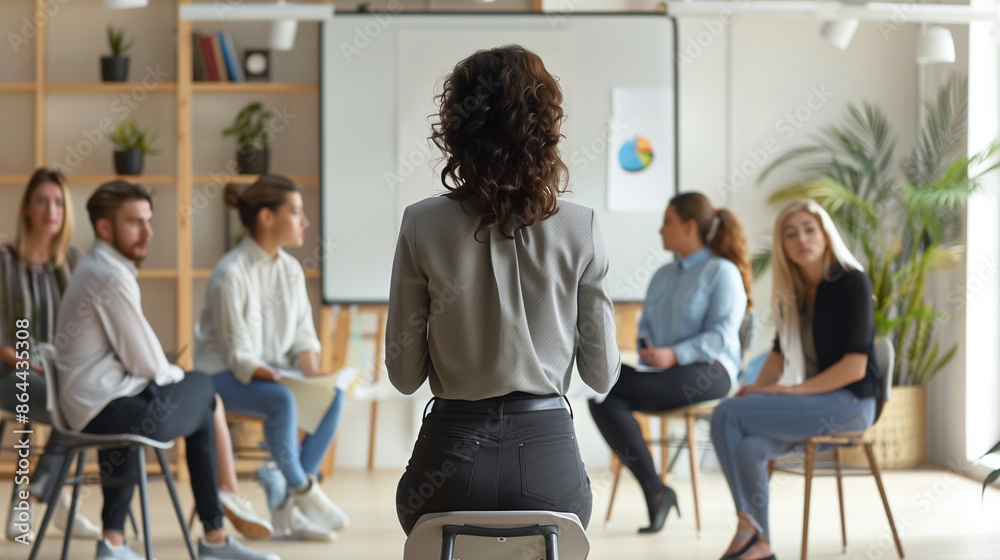 Confident female business coach teaches small group of people new ...