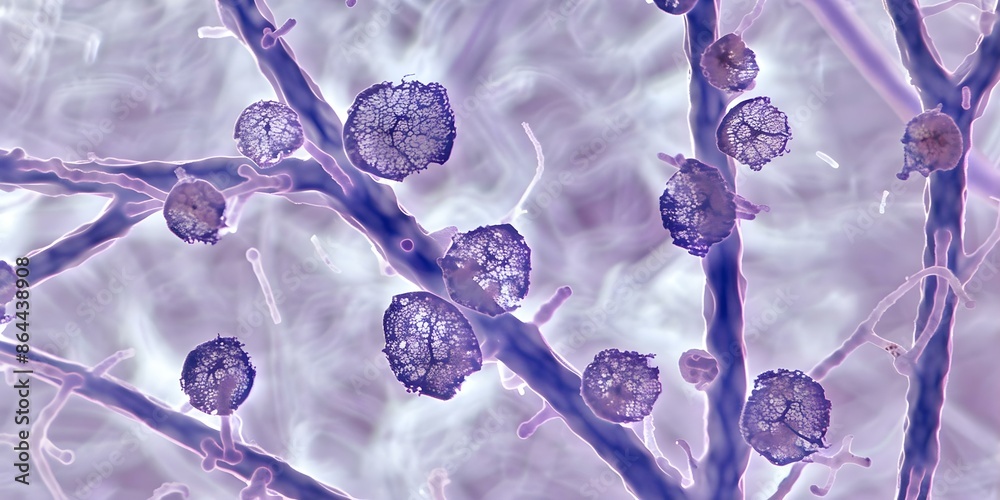 Microscopic image shows Aspergillus fungal hyphae in lung cell block ...