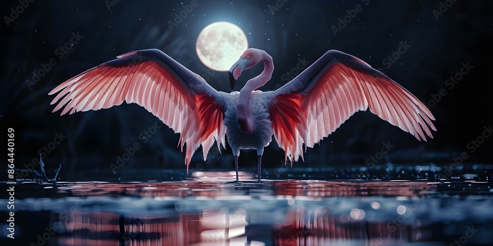 Pink flamingo with spread wings and legs in water under a full moon ...