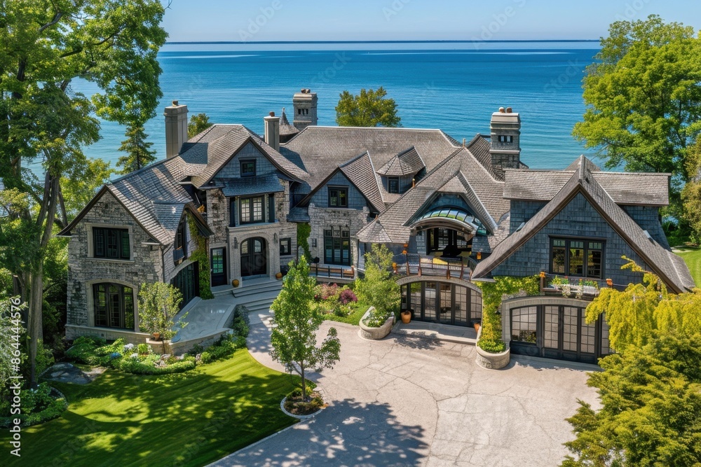 Aerial view of the exterior of an elegant lakefront mansion in West ...