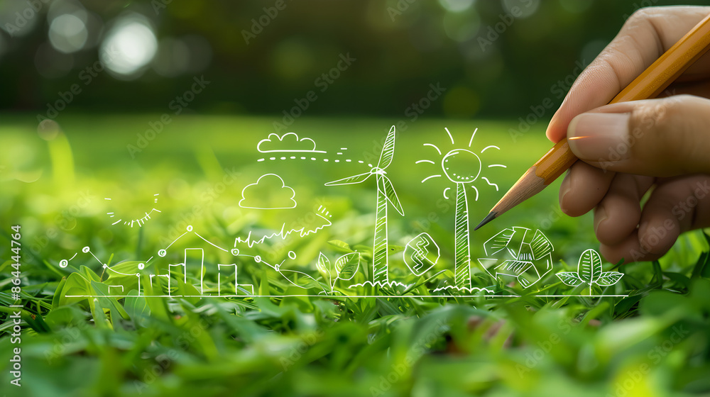 Hand-painted green energy symbols on lush grass convey sustainable ...