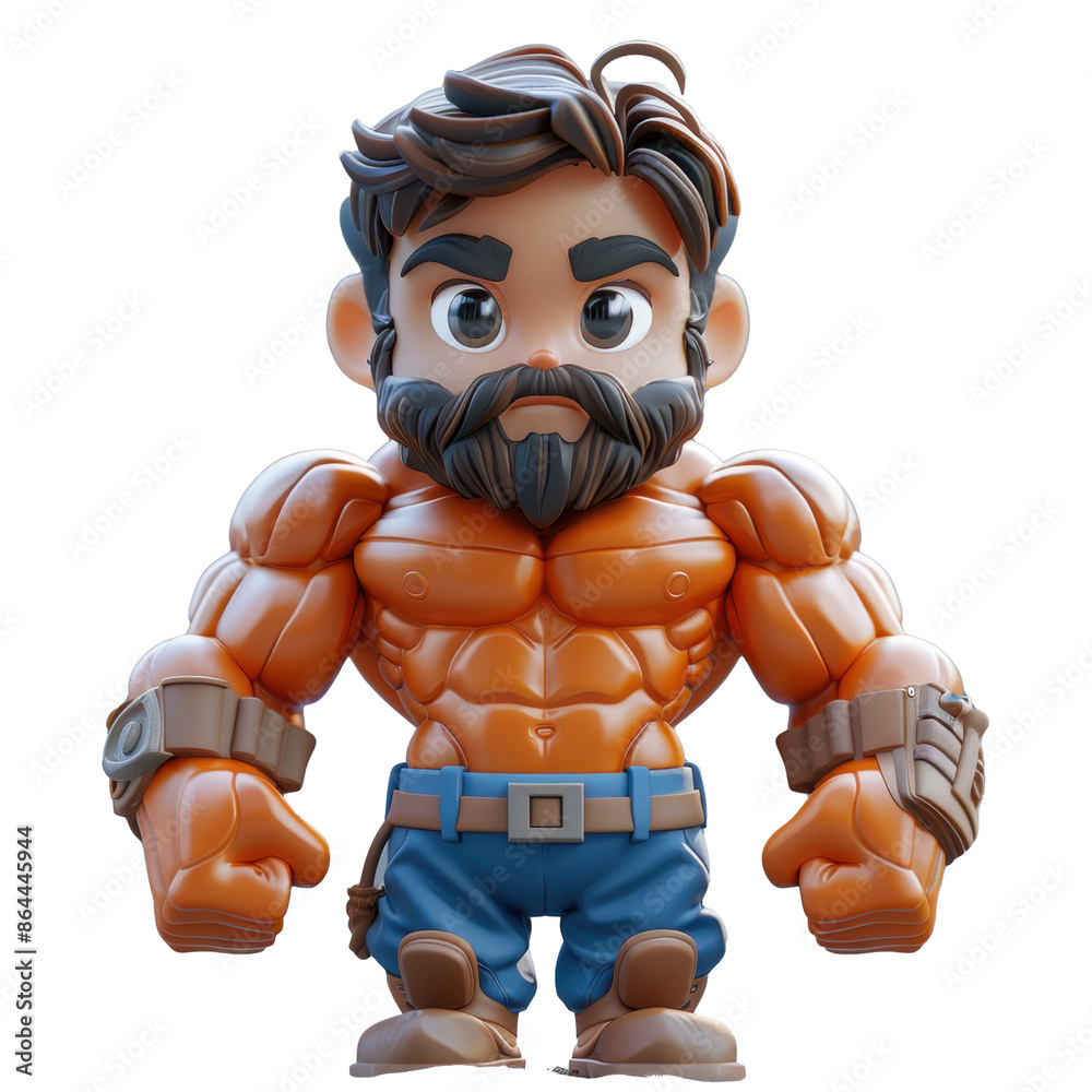 Cartoon muscle man with beard and blue pants stands confidently with a ...