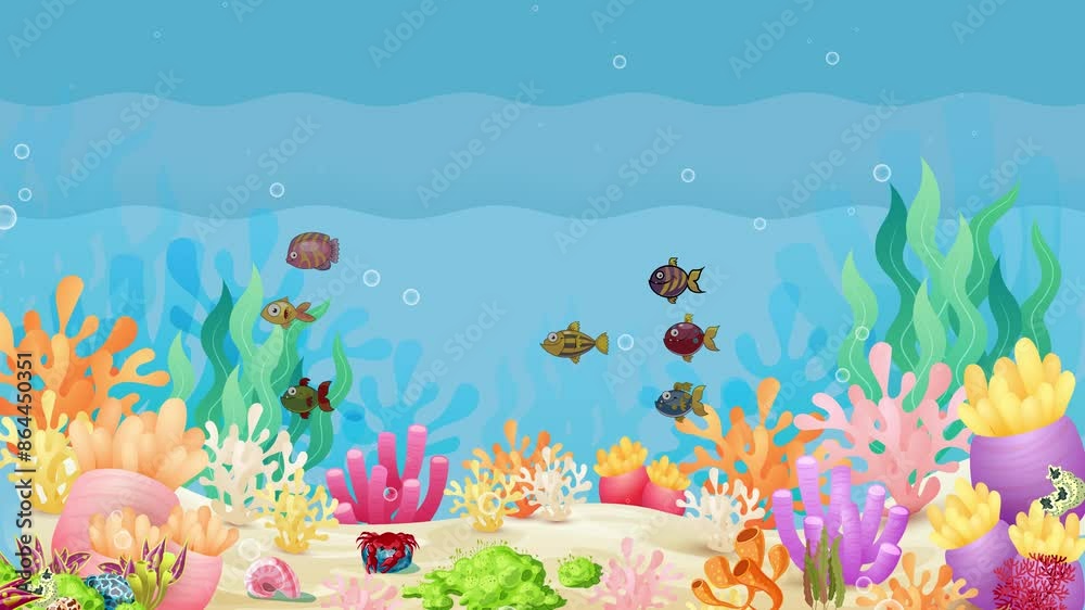 Undersea environment with reefs, fish cartoon animation loop, undersea ...