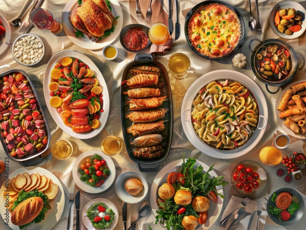 Full table of delicious Dinner party table European foods and drinks ...