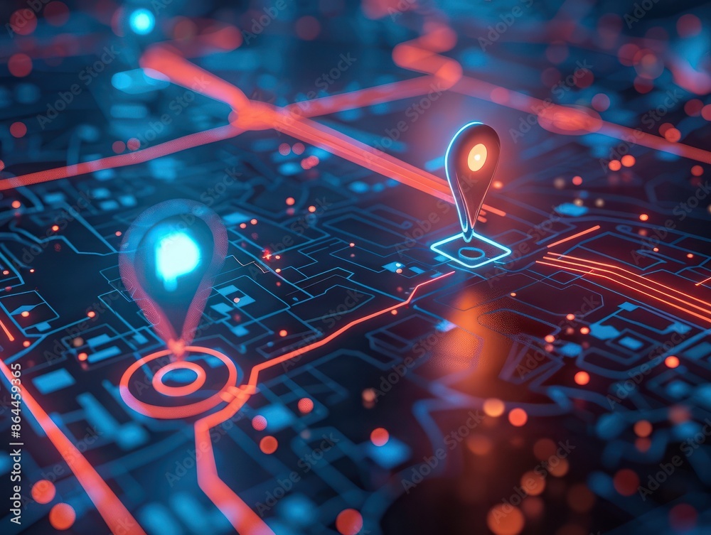 A digital map displaying a location with two pins set, representing AI technology in GPS ...