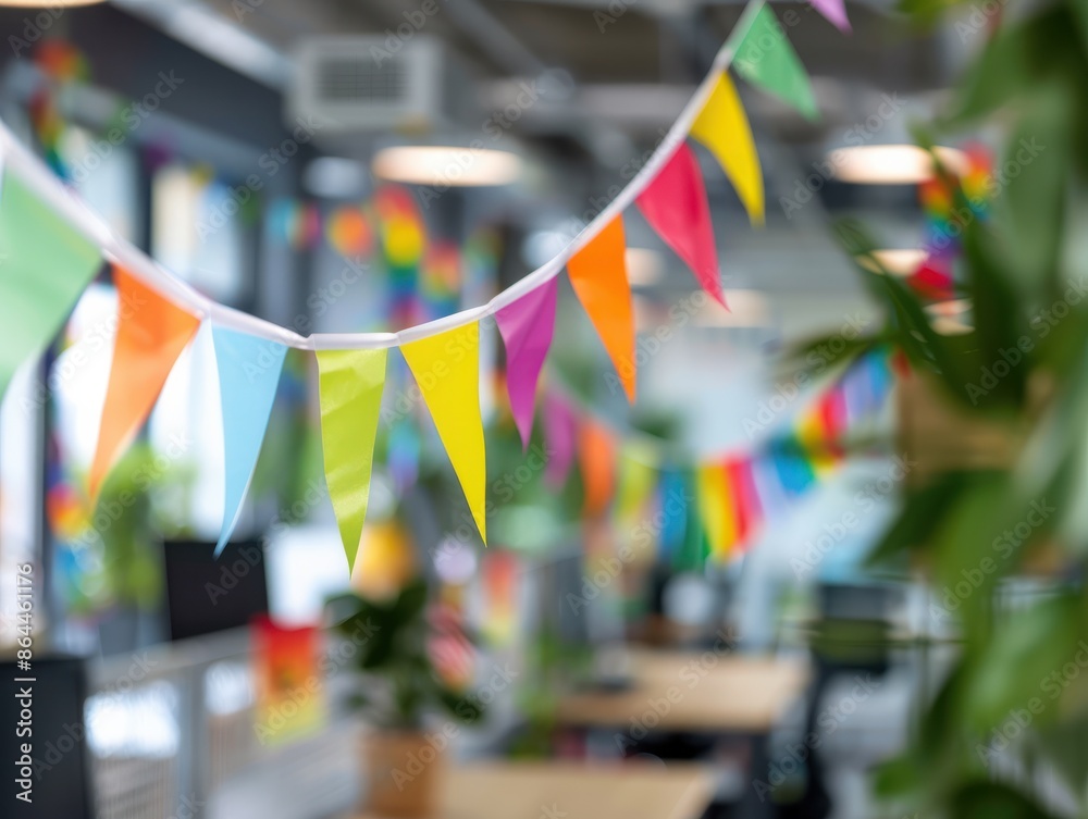 Celebrating pride month in the office. Blurred open plan vibrant ...