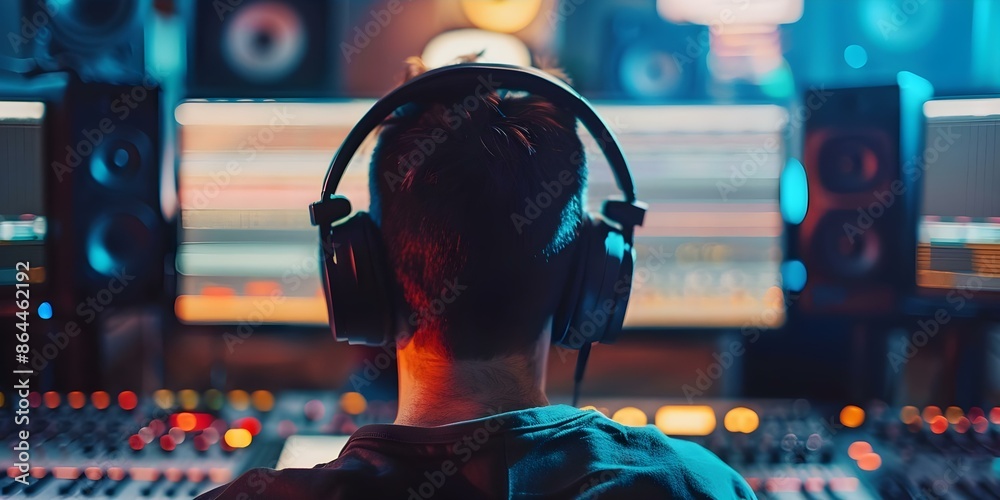 Individual using headphones for audio mixing in a professional ...