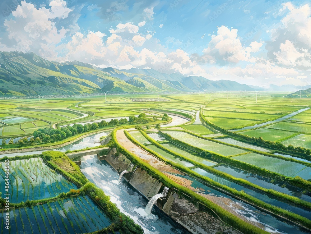 Irrigation of rice fields using ground water pumped through wells ...