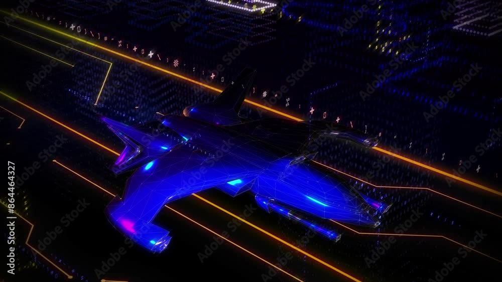 High Speed Armed Plane Flying Inside Digital Sci-Fi Environment. Sci-Fi ...