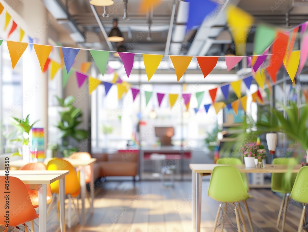 Pride month in the office. Blurred open plan vibrant creative workplace ...