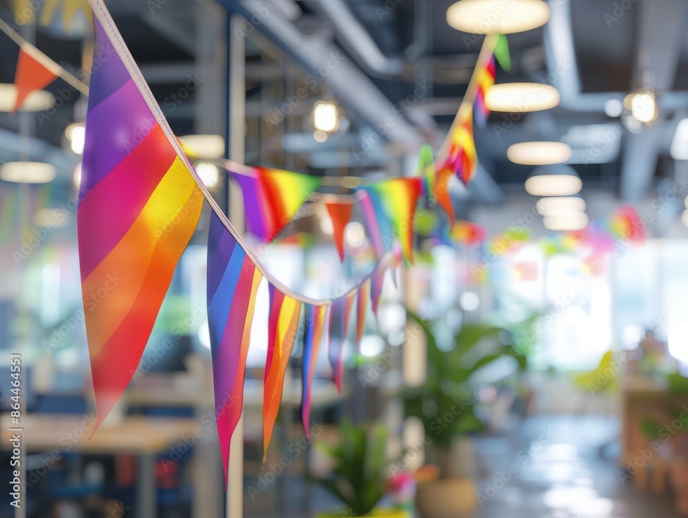 Pride month in the office. Blurred open plan vibrant creative workplace ...