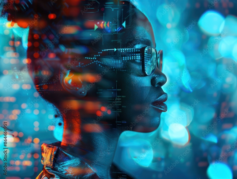 AI cyber security threat illustration, black african american female IT ...