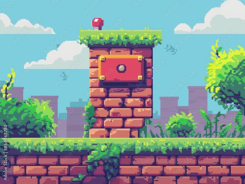 Pixel art game background with button level up. Game design concept in ...