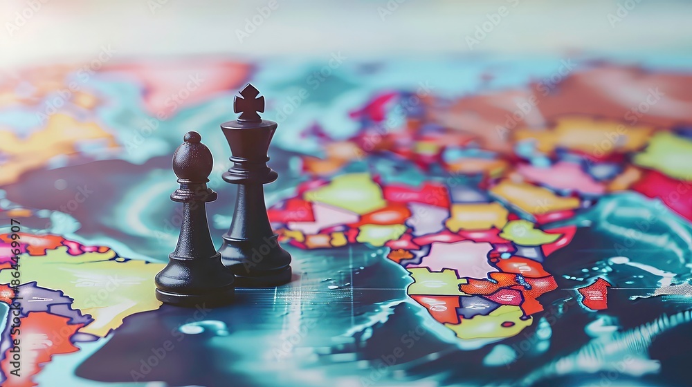 Geopolitics concept image with two chess pieces on a world map ... Geopolitics concept image with two chess pieces on a world map ...