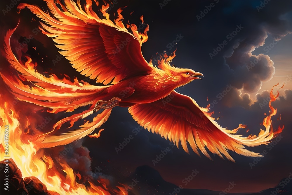 Majestic Phoenix Soaring from Roaring Inferno with Fiery Feathers ...