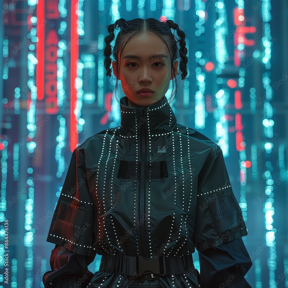 Studio fashion, model in cyber techwear, background is a futuristic ...