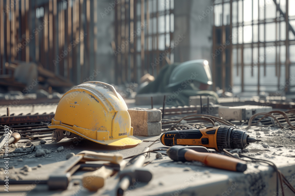 professional composition featuring essential construction tools placed ...