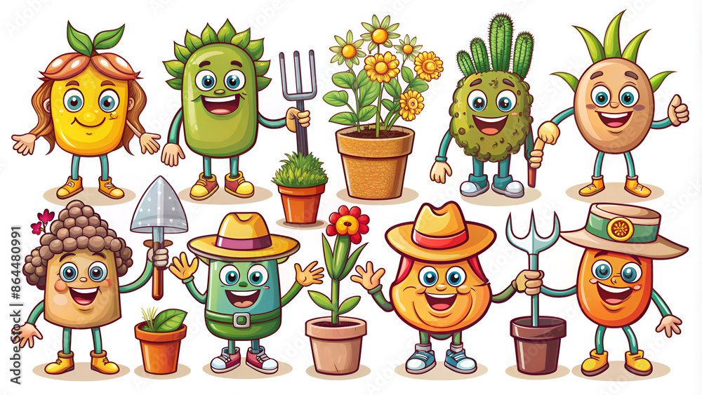 Groovy gardening tools cartoon characters and garden plants set. Funny ...