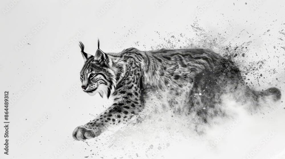 A black-and-white image of a lynx running through the air with its ...