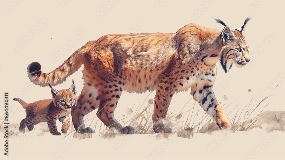 A pair of wild animals traverse a grassy field, with a baby animal on ...