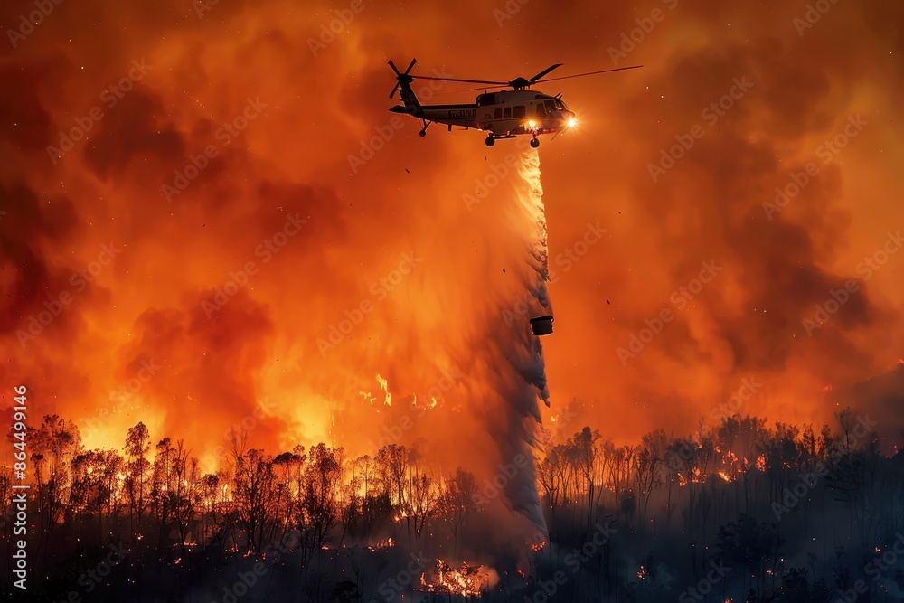 A firefighting helicopter strategically pours water over a large ...